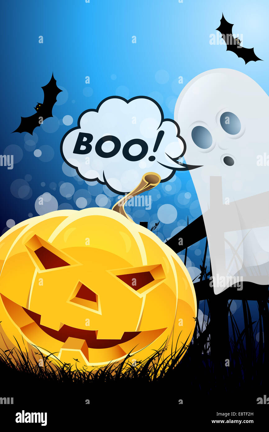 Halloween Poster with Ghost and Pumpkin Stock Photo - Alamy
