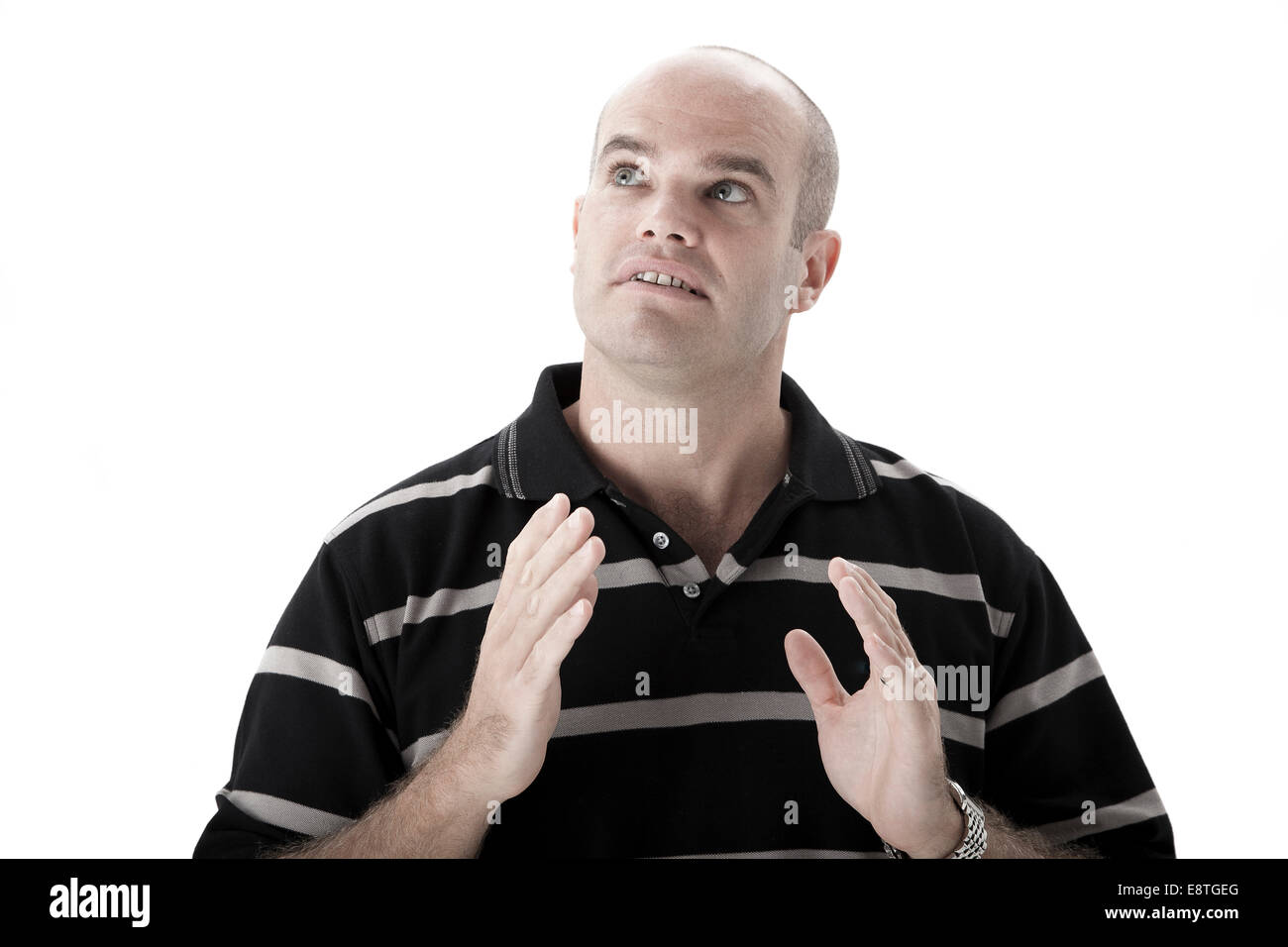 Bald normal man, describing something and talking on a white background ...