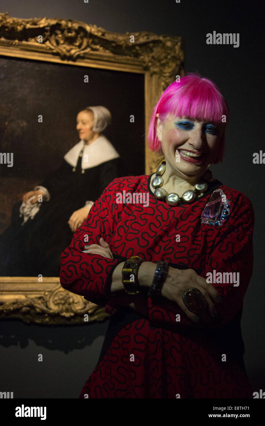 Dame Zandra Rhodes poses in front of the portrait of Catrina Hooghsaet ...