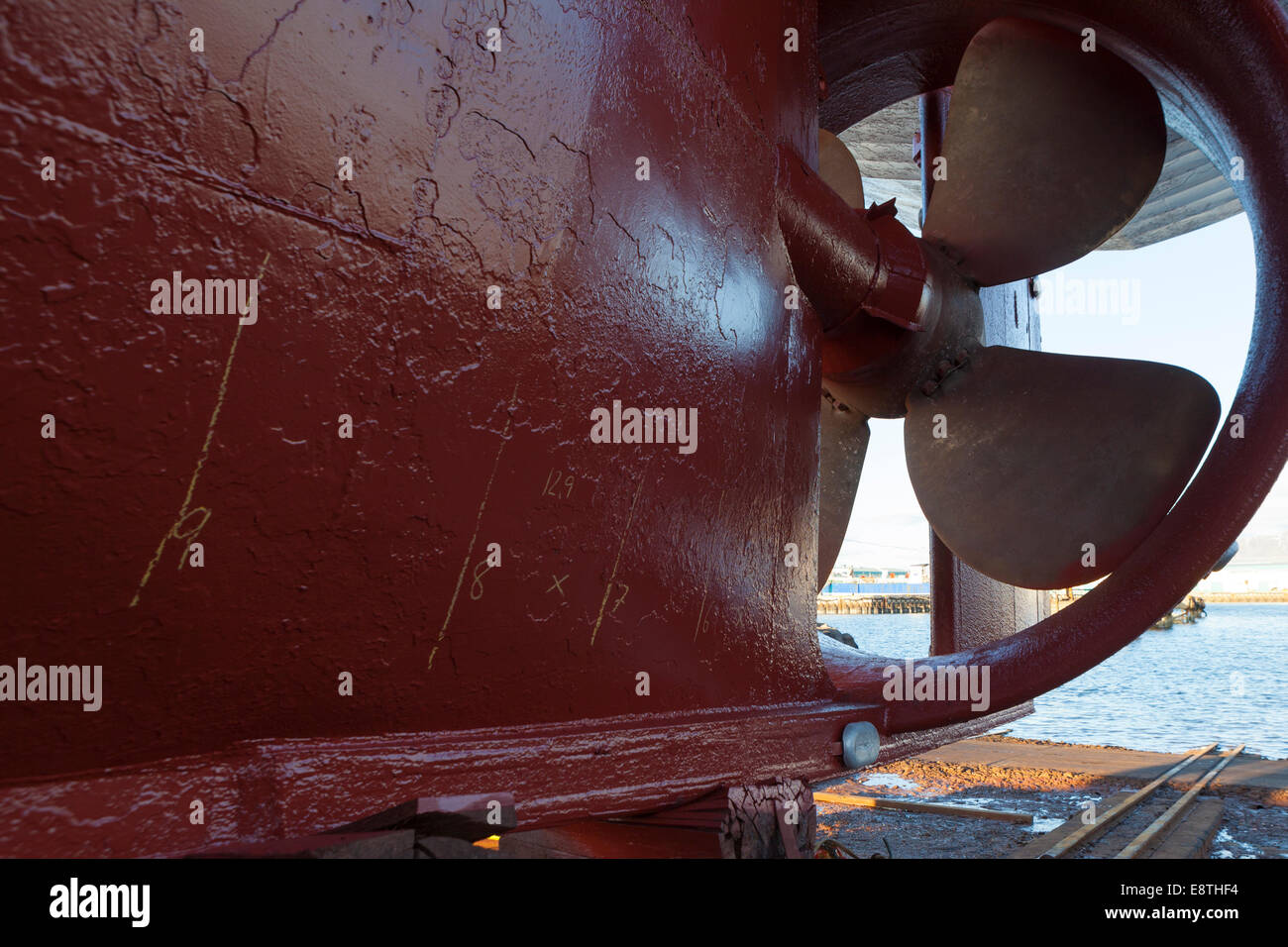 Detail of propeller and rudder of modern steel hulled deep-sea trawler ...