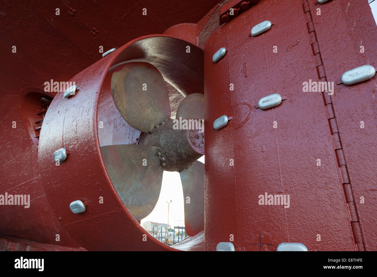Detail of propeller and rudder with new anodes of modern steel hulled ...
