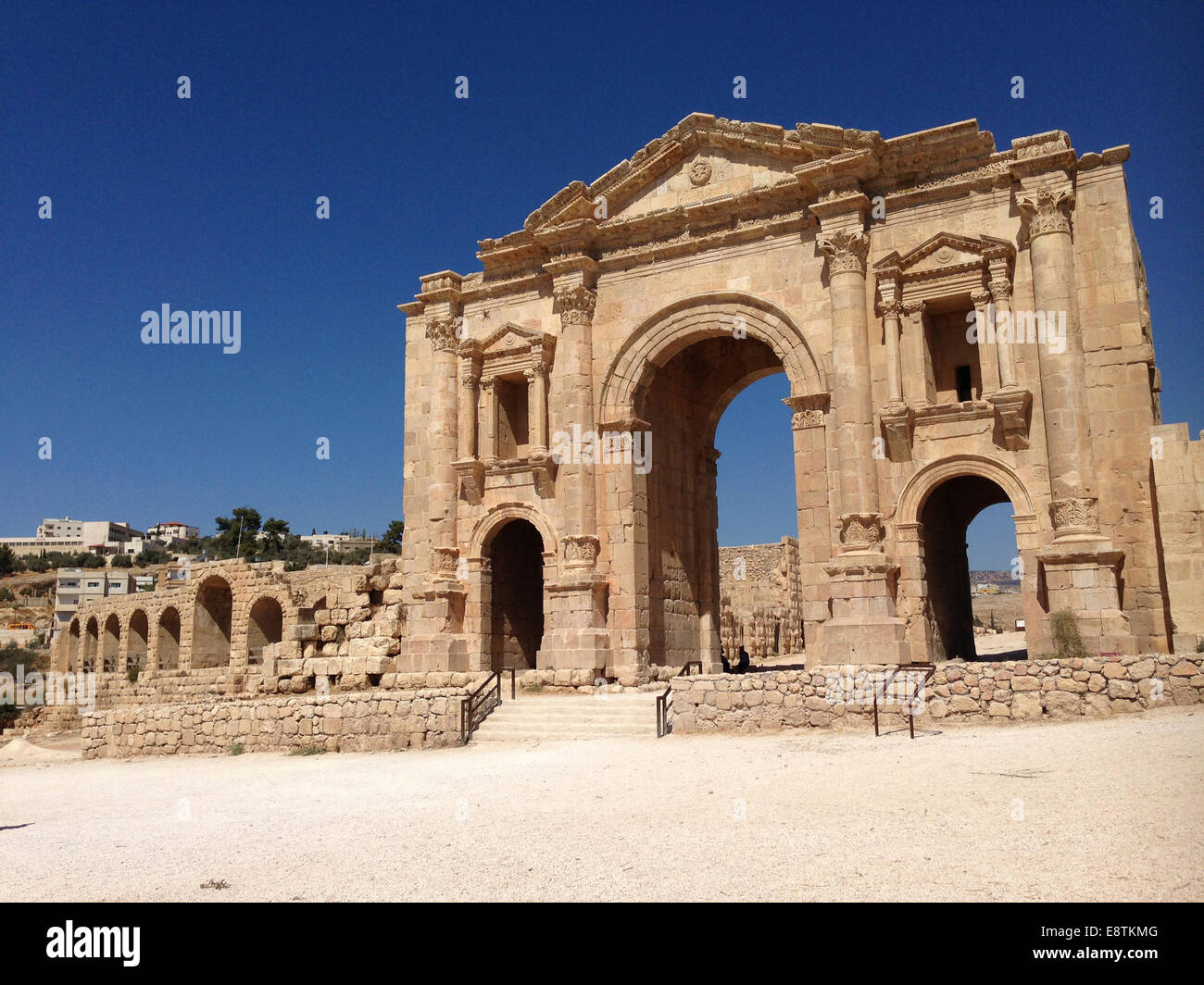 Jordan, the Arch of Hadrian in Jerash, a triple-arched gateway erected ...
