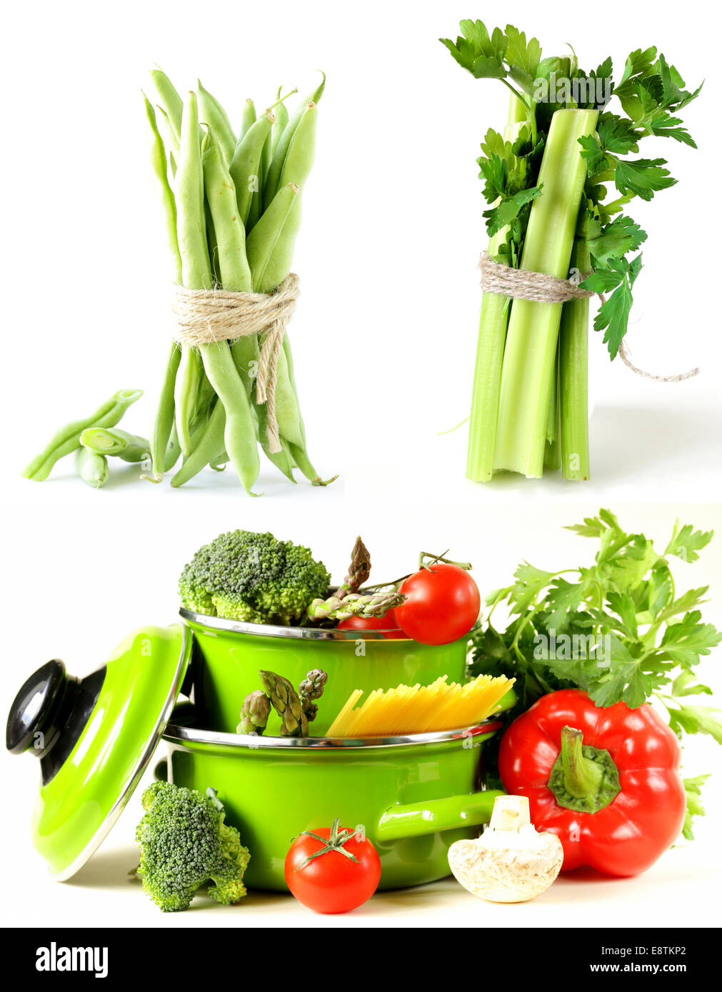 Set green pots full of vegetables, green celery and bean pods Stock ...