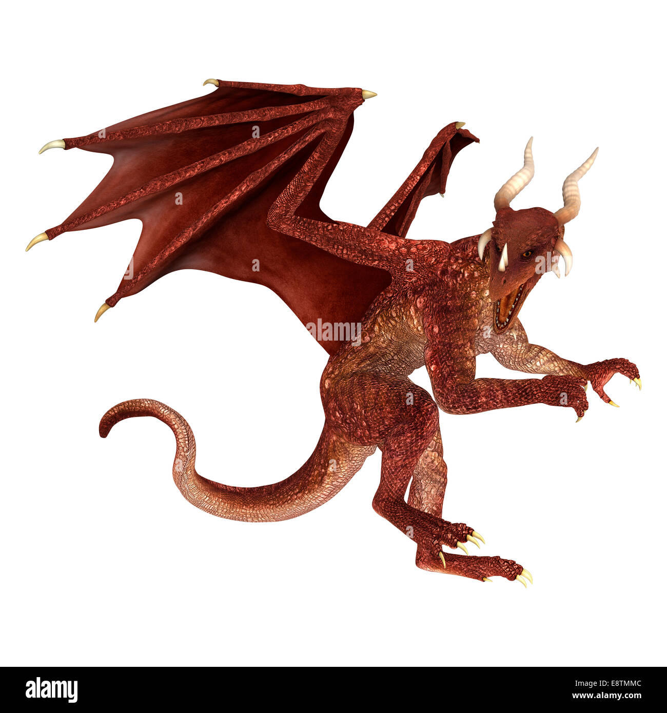 3D digital render of a red fantasy dragon isolated on white background ...