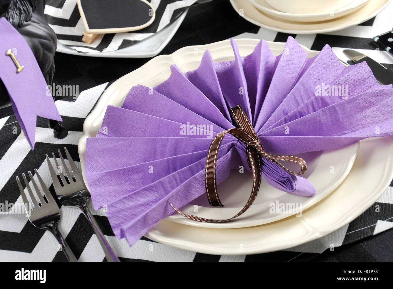 Black and white chevron with purple theme party luncheon table place ...
