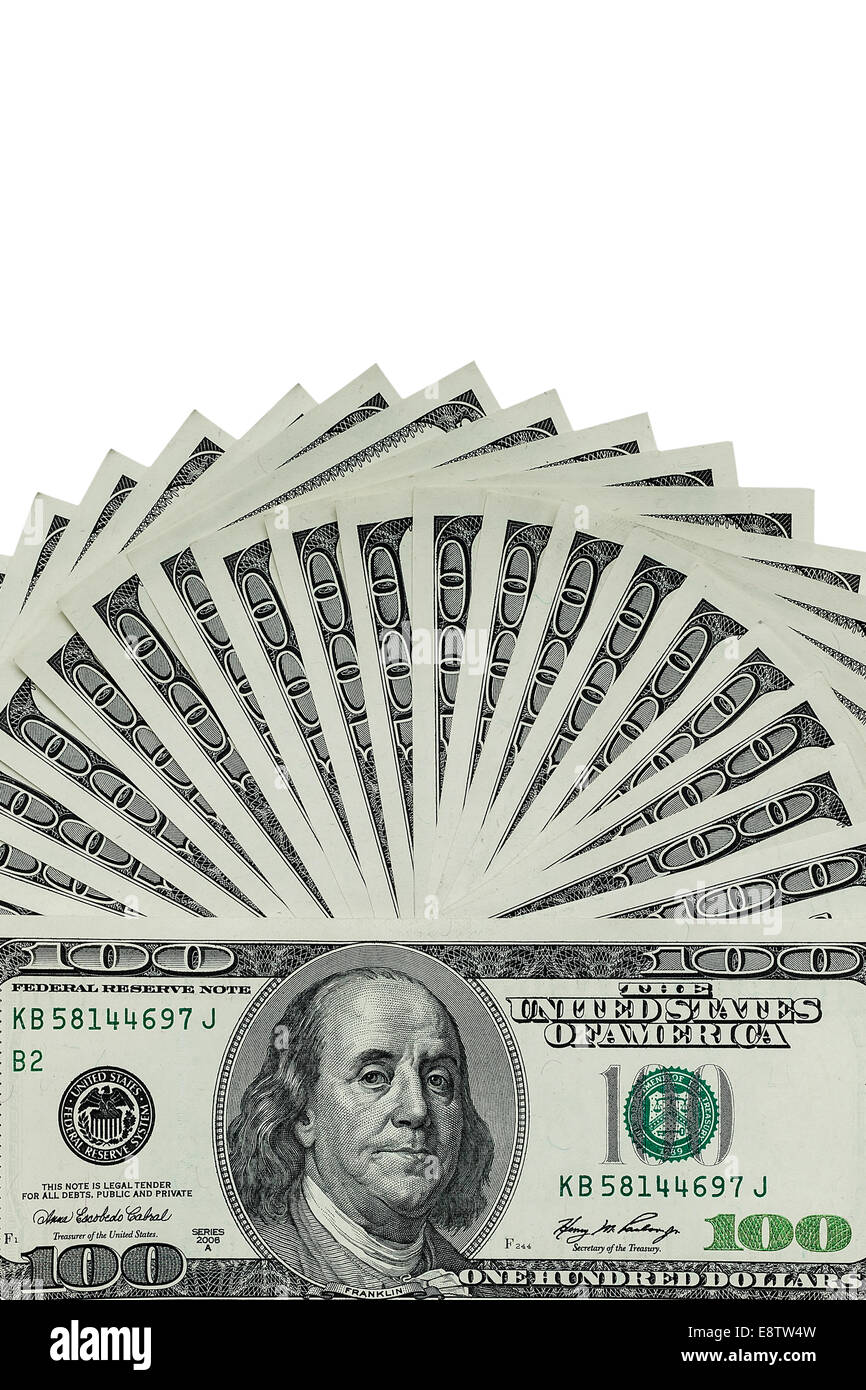 Several 100 US $ money notes spread out in fan shape, isolated on white ...
