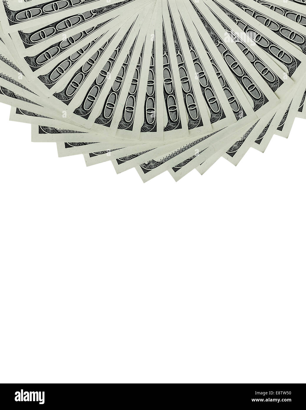 Several 100 US $ money notes spread out in fan shape, isolated on white ...