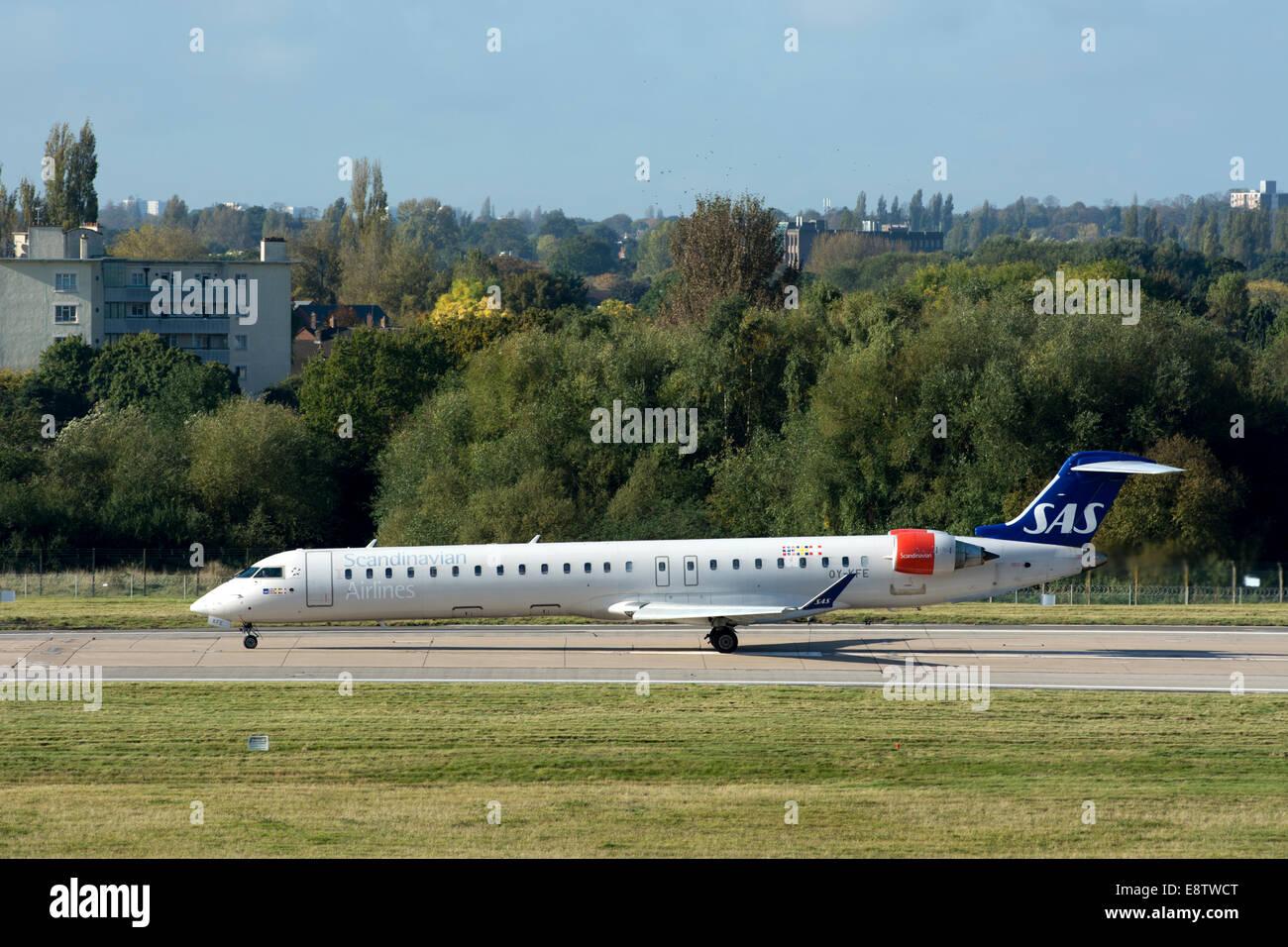 SAS Canadair CRJ-900 ready for take off at Birmingham Airport, UK Stock ...