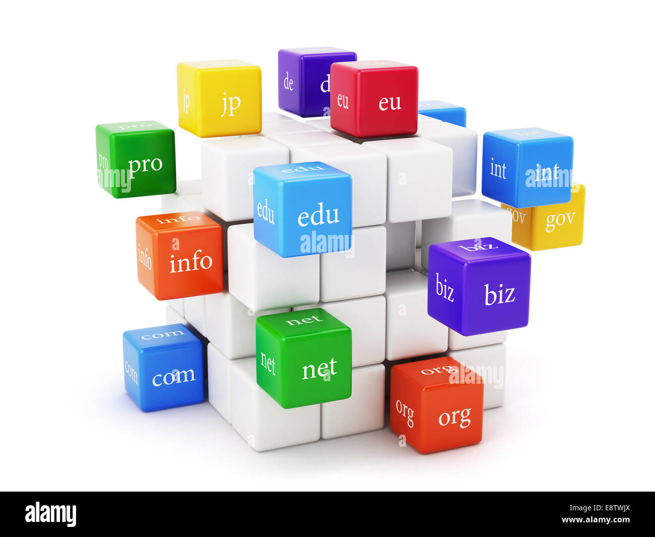3d render of domain boxes isolated on white background. Global ...