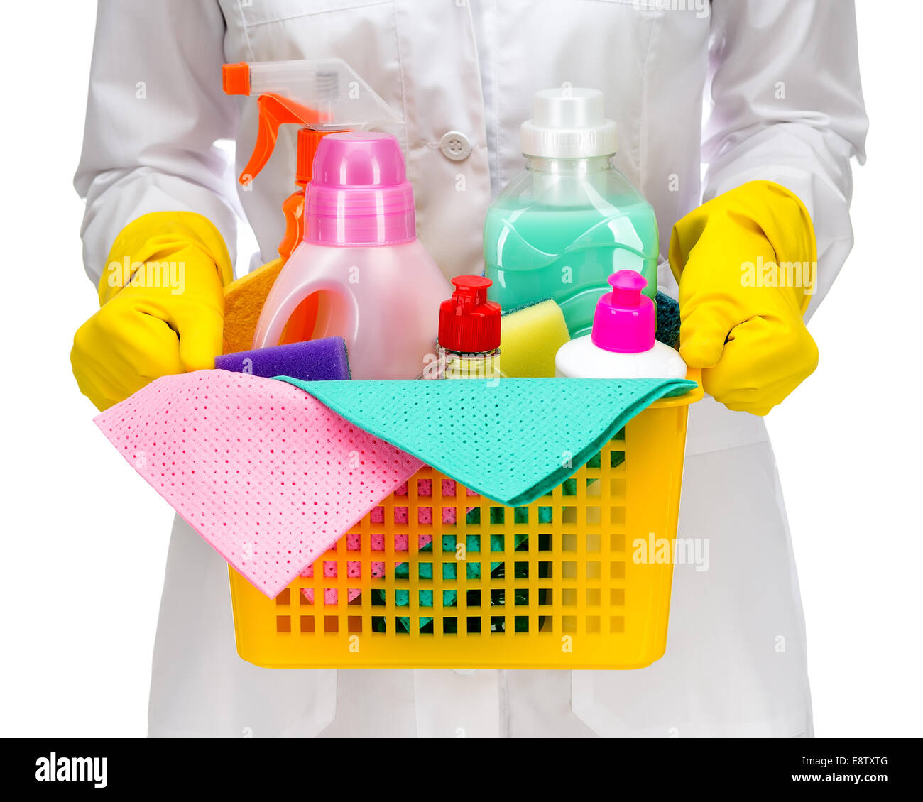 Cleaner maid woman with plastic basket and cleaning supplies on white ...