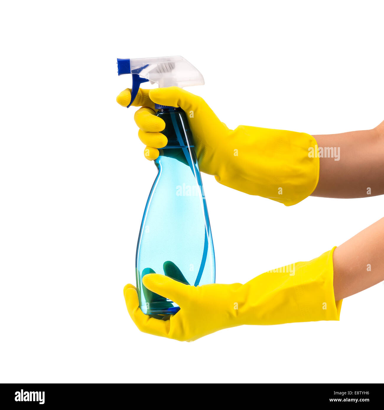 Cleaning spray in hand isolated on white Stock Photo - Alamy