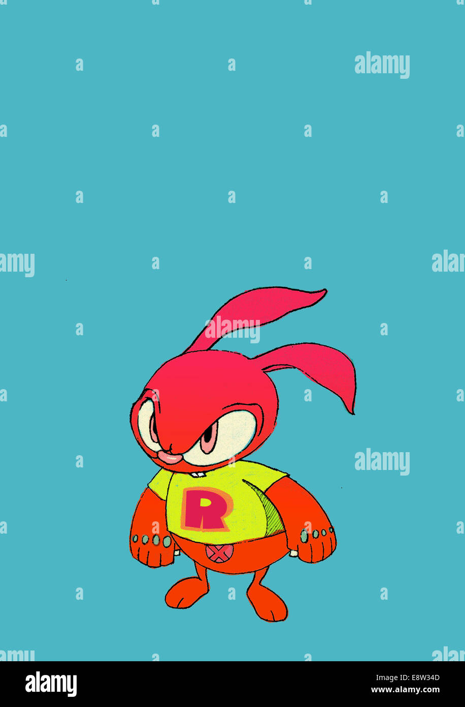 Illustration of a red rabbit on a blue background Stock Photo - Alamy