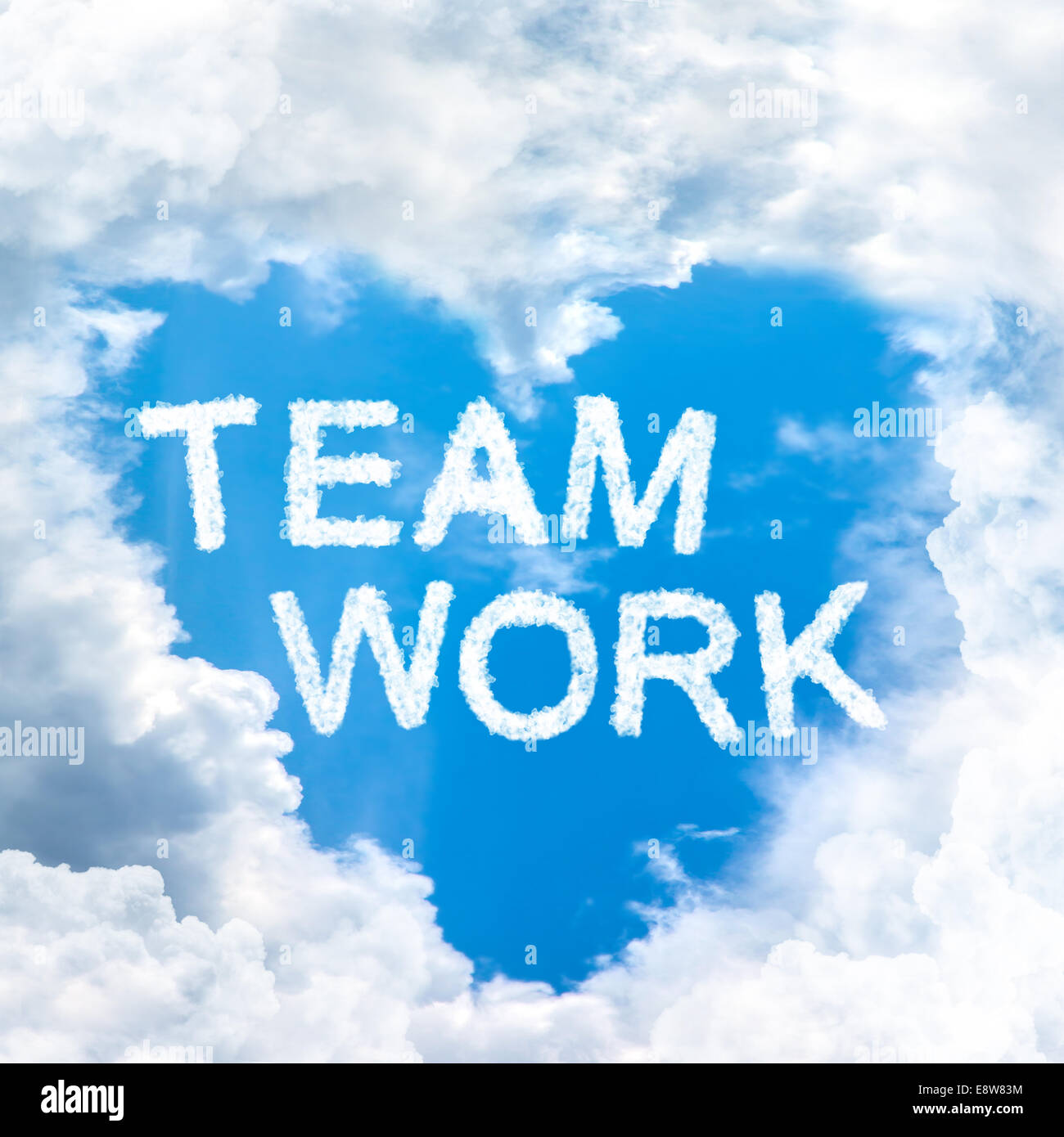 teamwork inside blue sky shape heart from cloud frame Stock Photo - Alamy