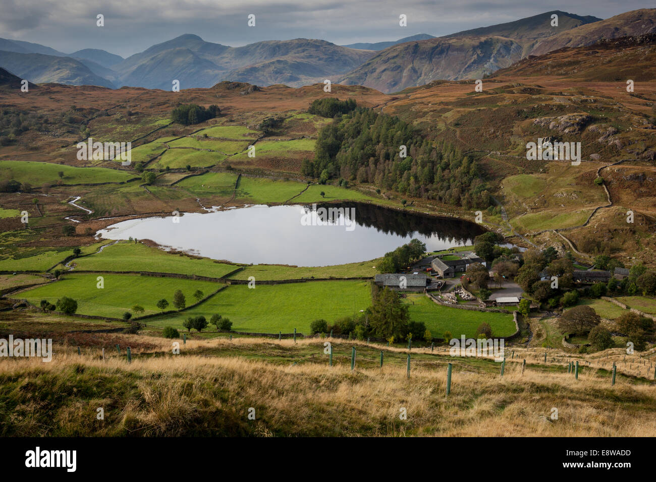 Watendlath farm and tarn with the Central Fells, of Great Gable and ...