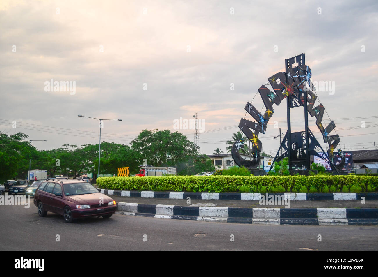 Entrance sign and roundabout of the city of Calabar, Nigeria Stock ...