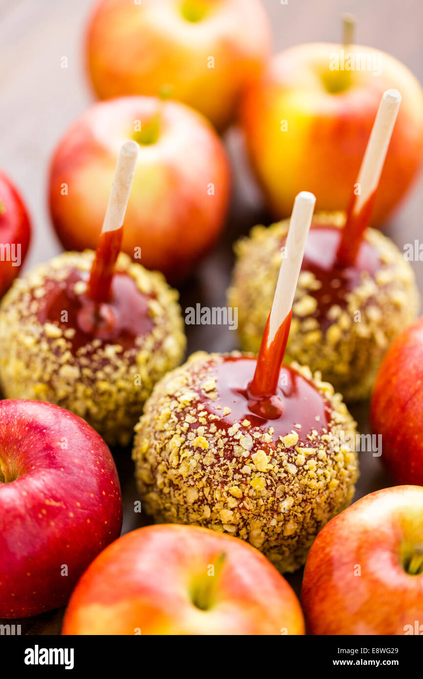 Hand dipped caramel apples decorated for Halloween Stock Photo - Alamy