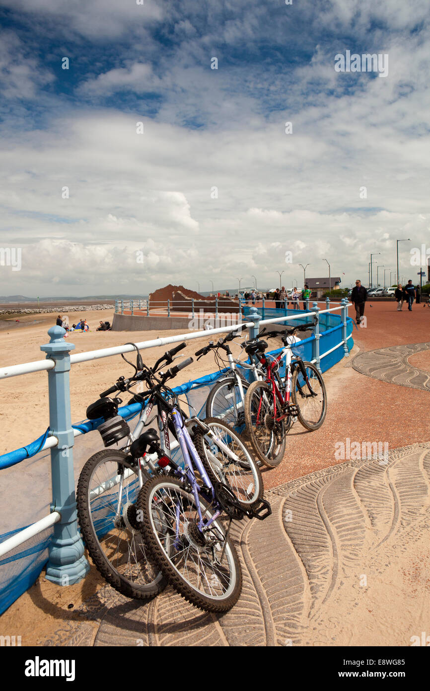 UK, England, Lancashire, Morecambe, promenade, bicycles resting on ...