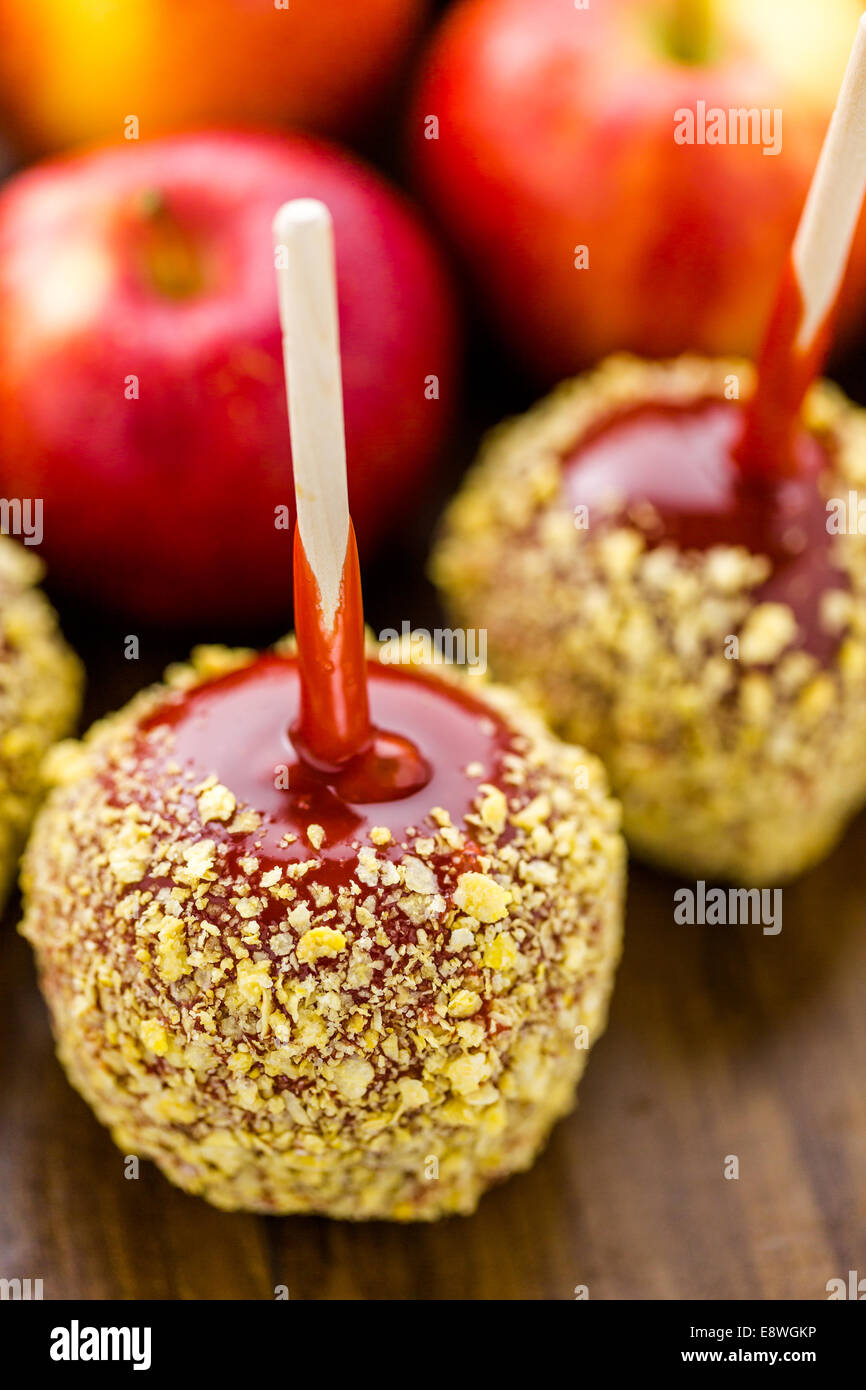 Hand dipped caramel apples decorated for Halloween Stock Photo - Alamy
