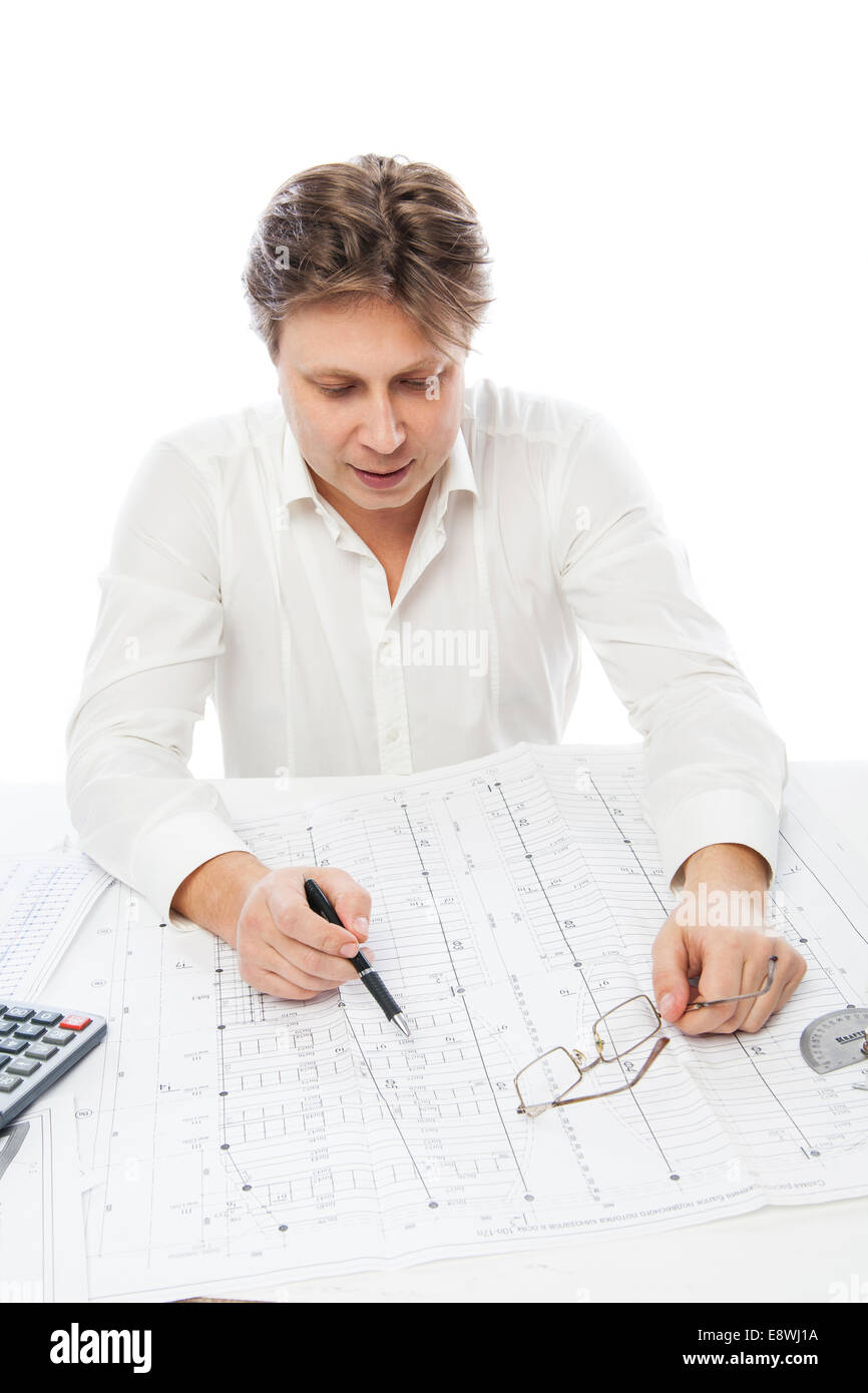 Male Architect Drawing On Blueprint isolated Stock Photo - Alamy