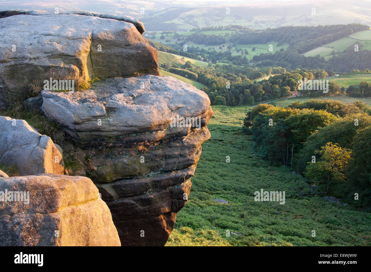 High view from Stanage edge, Peak District, England. Warm sunset glow ...