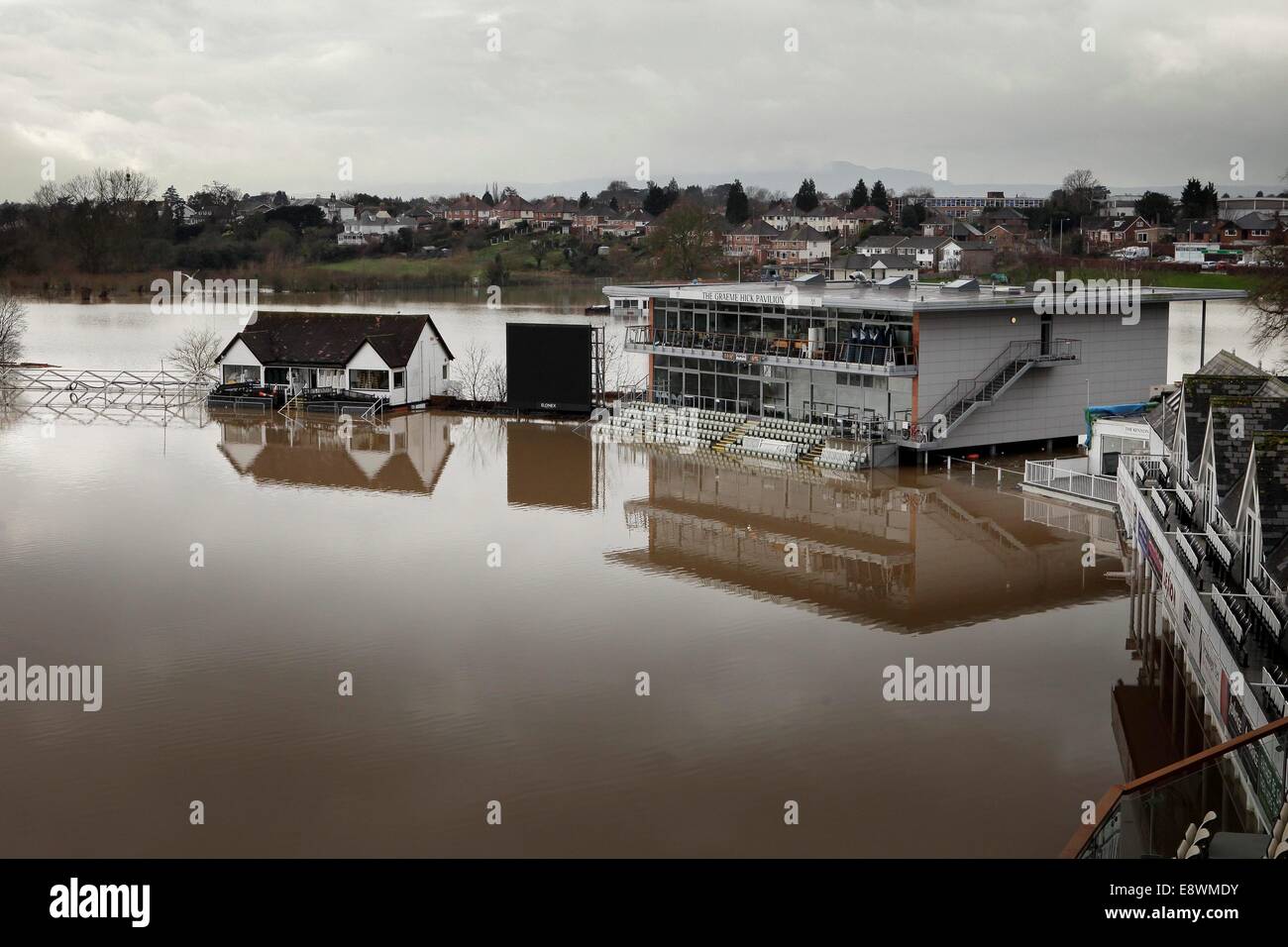 Worcester cricket ground. Flooding Worcester as the river severn bursts ...