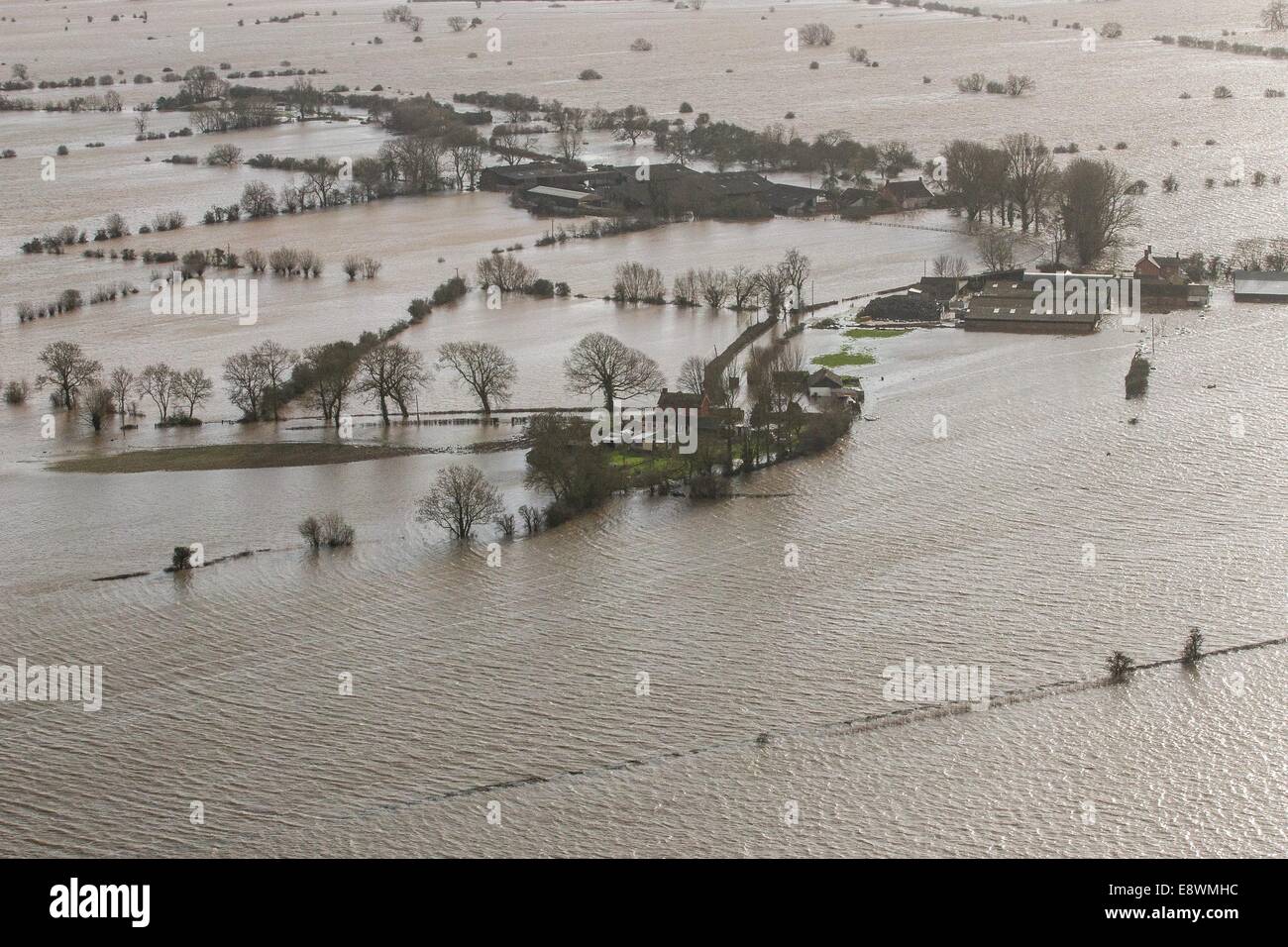 Aerial view of a flooded farm in West Yeo, on the Somerset levels ...