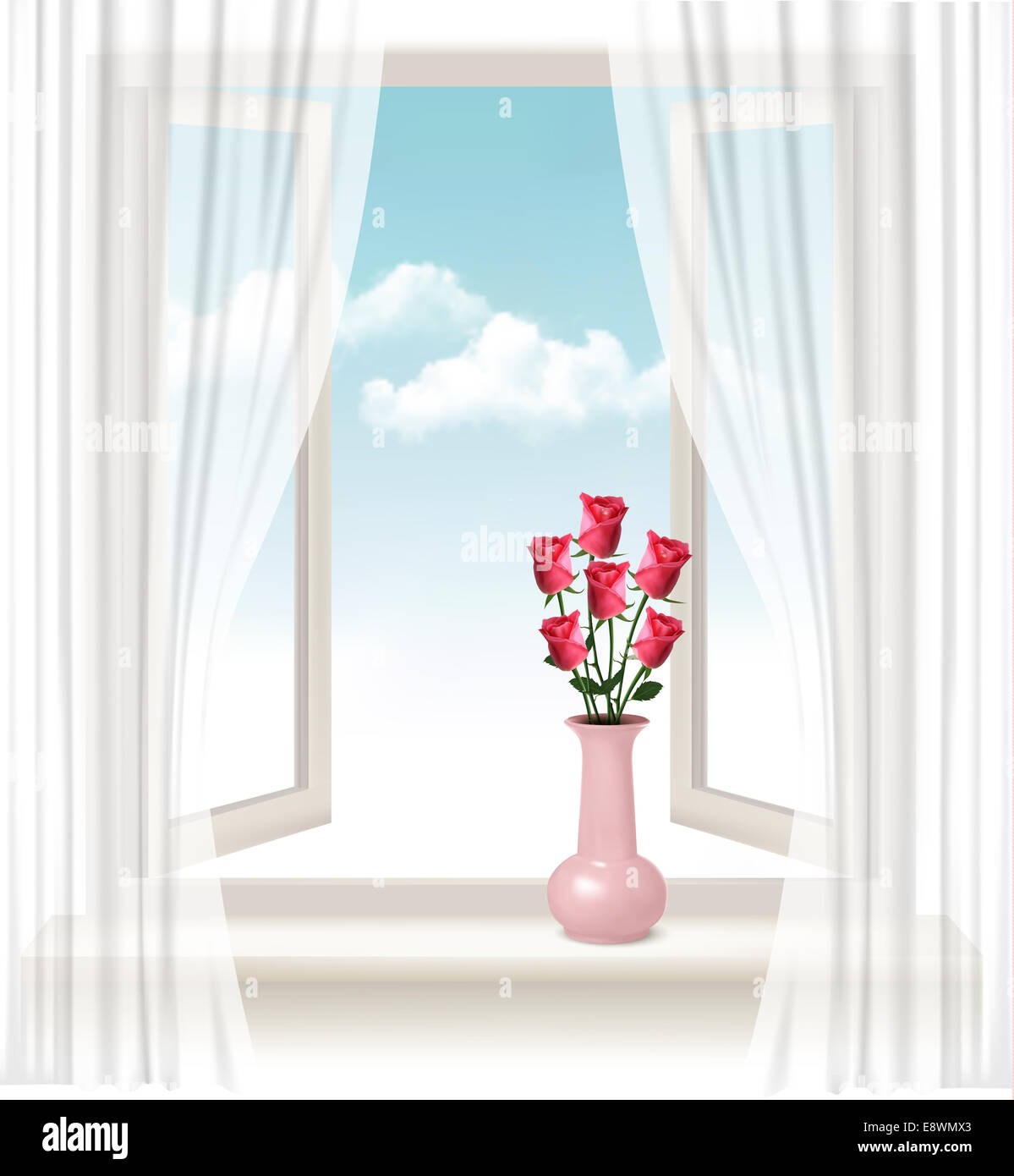 Background with an open window and a vase with roses. Vector Stock ...