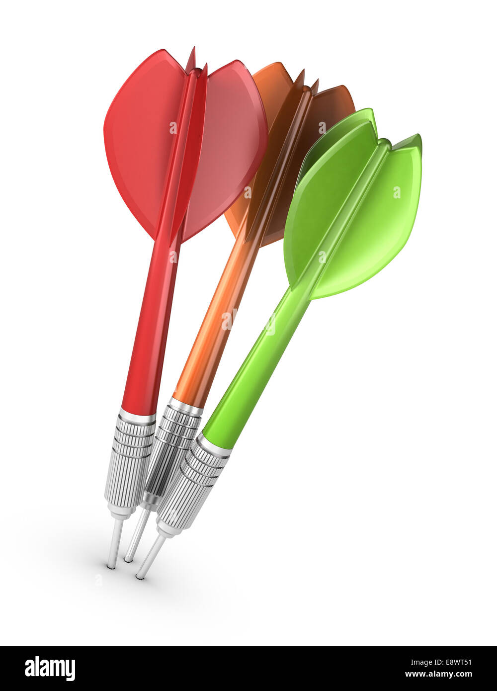 Three darts hitting the center of a dartboard over white background ...