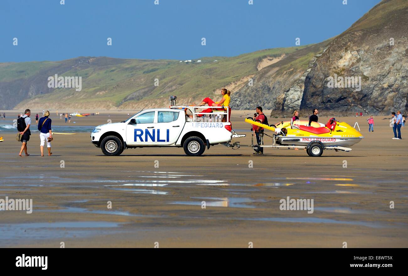 Lifeguards on duty Perranporth beach Cornwall UK Stock Photo - Alamy