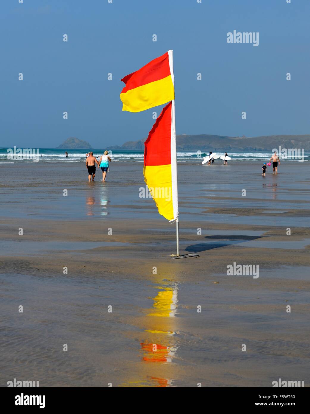 Lifeguard on duty flags Perranporth Cornwall England uk Stock Photo - Alamy