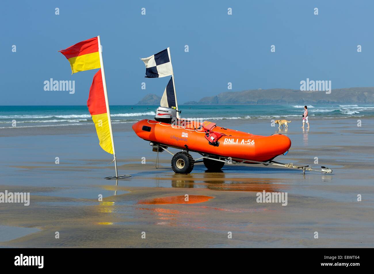 Safe area Boundary Flag and lifeguard on duty markers Perranporth beach ...
