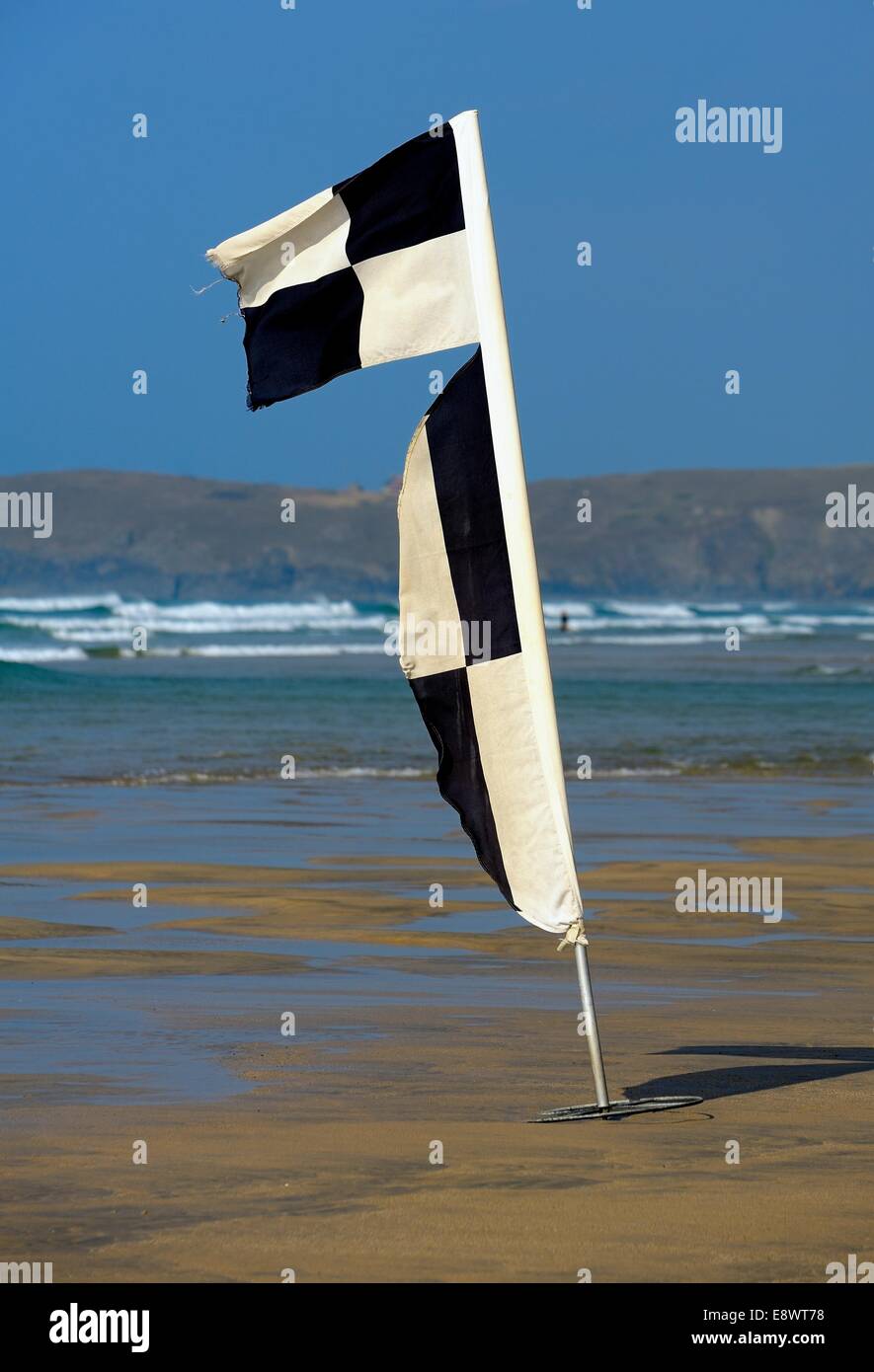Safe area Boundary Flag markers Perranporth beach Cornwall England uk ...
