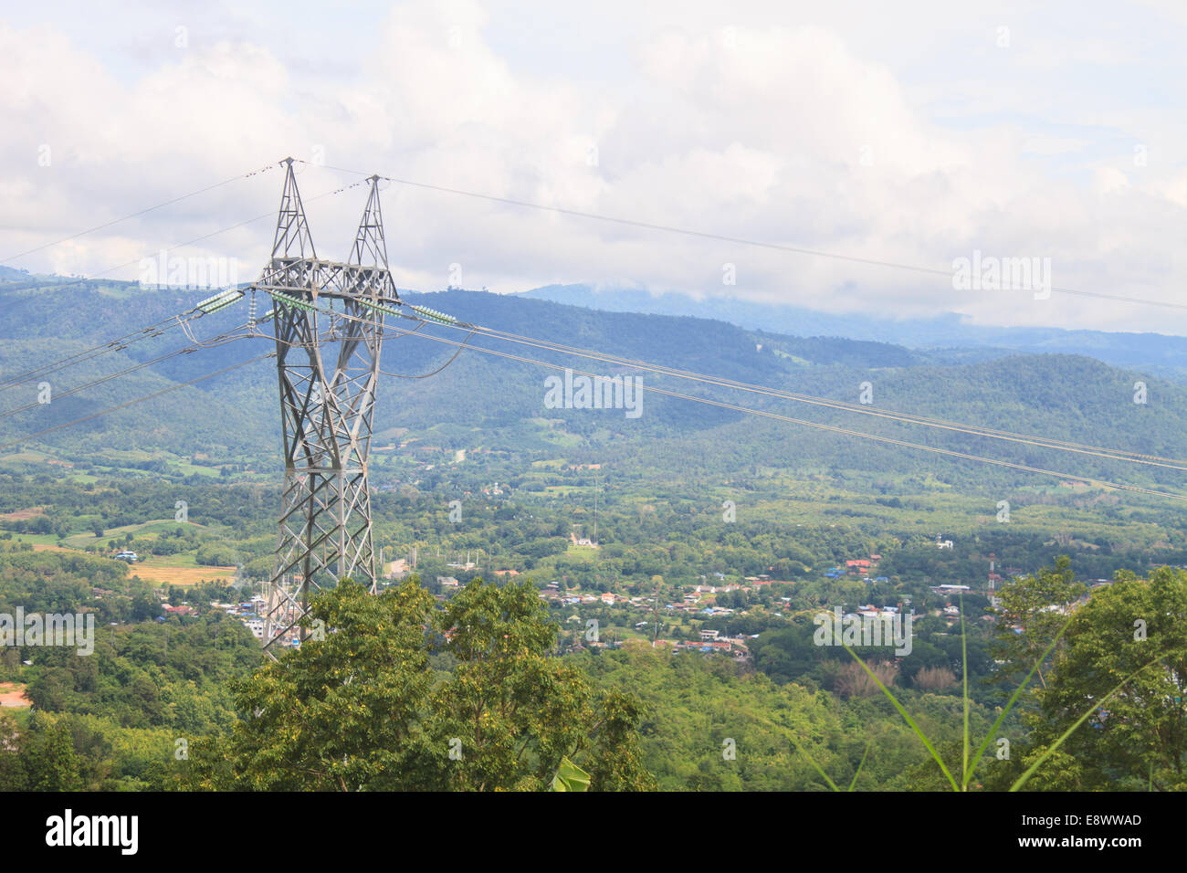 High voltage towers on mountain, High-voltage tower sky background ...