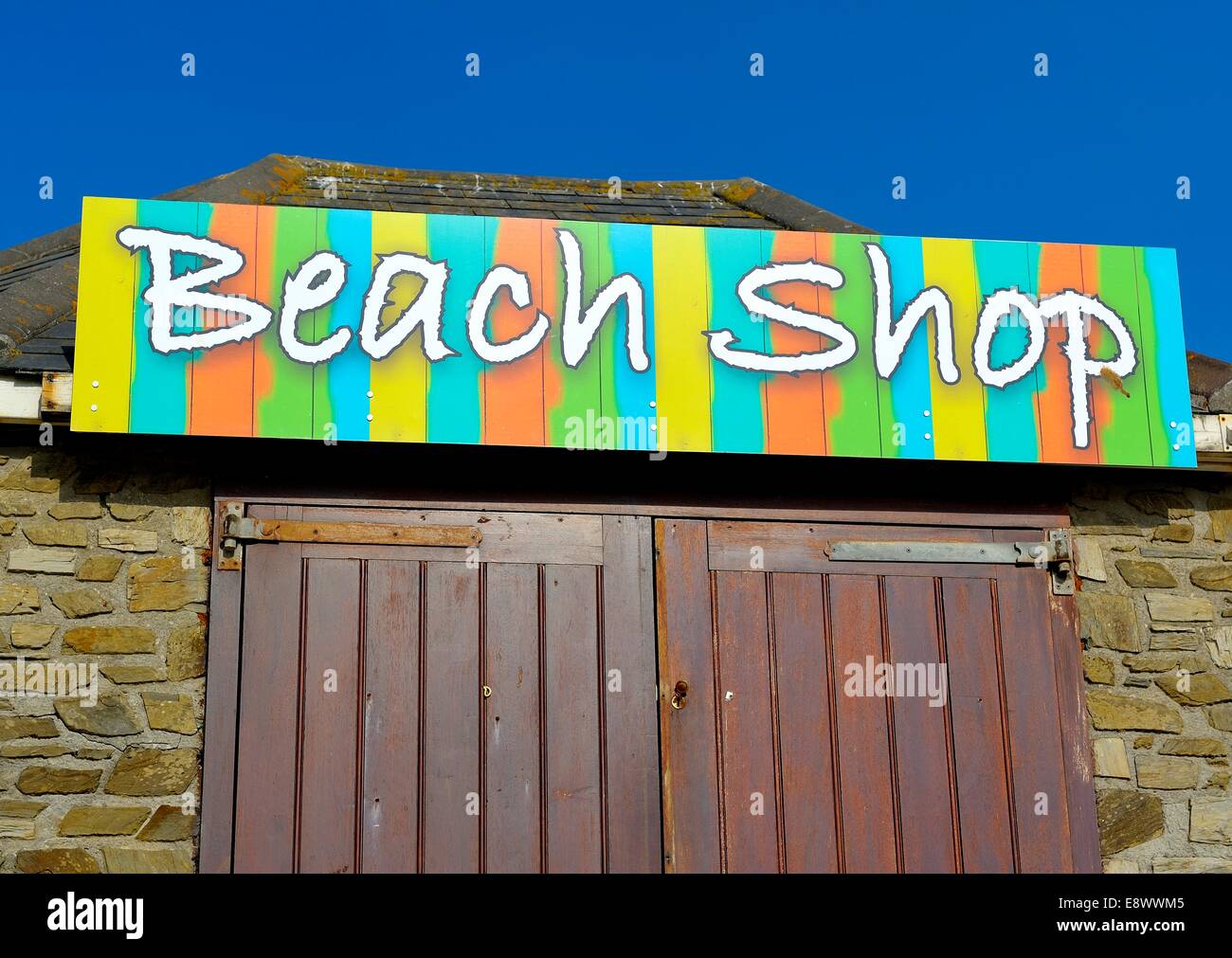 Colorful beach shop sign Perranporth Cornwall England uk Stock Photo ...