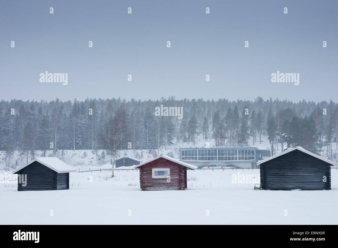 JAVRE, SWEDEN Motorway service station behind traditional wooden ...