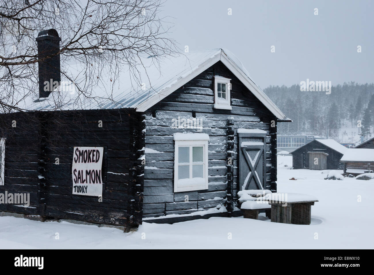JAVRE, SWEDEN Cabin with "smoked salmon" sign Stock Photo - Alamy
