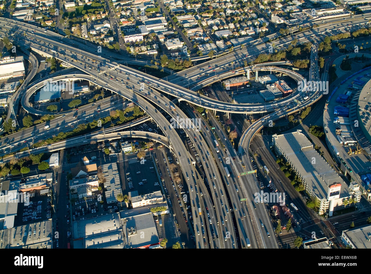 Aerial view of a freeway interchange, Los Angeles, California, USA ...