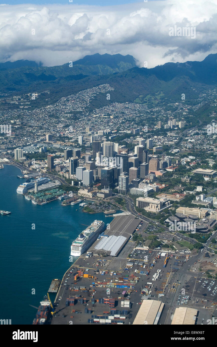 Aerial view over Honolulu and cruise ship terminal, island of Oahu ...