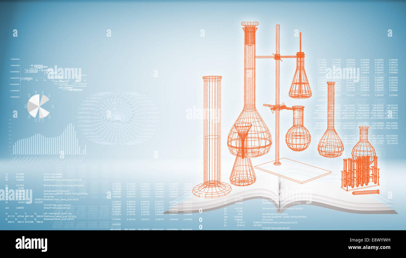 Test tubes and flasks on open book. Wire-frame render Stock Photo - Alamy