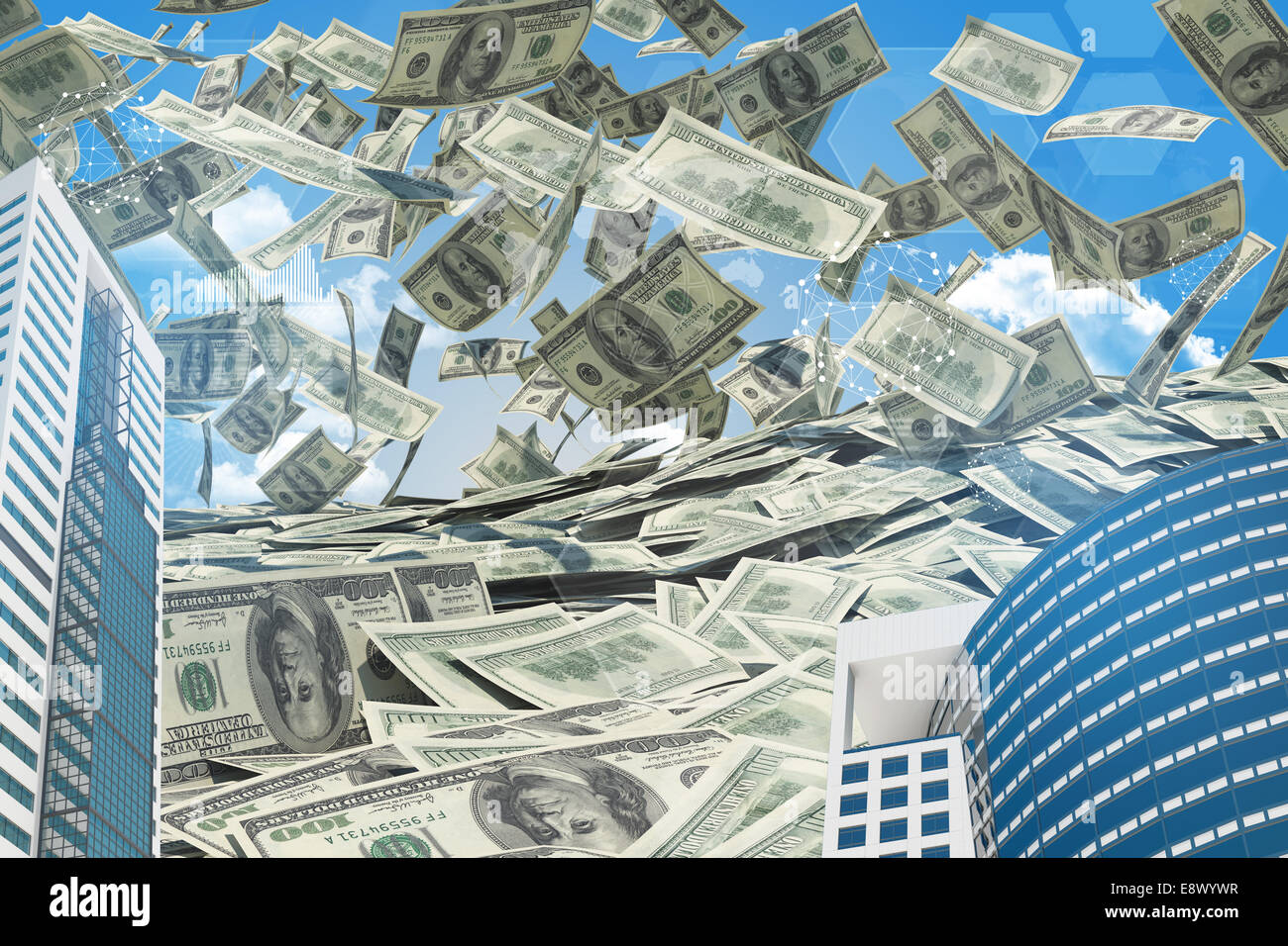 Buildings and Earth. Dollars falling from the sky Stock Photo - Alamy