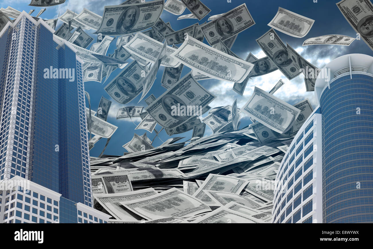 Buildings and Earth. Dollars falling from the sky Stock Photo - Alamy