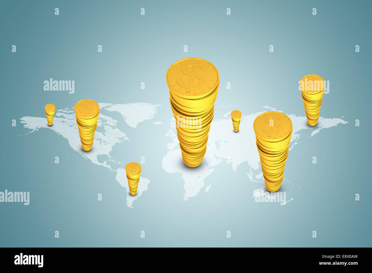 Stacks of gold dollars on world map Stock Photo - Alamy