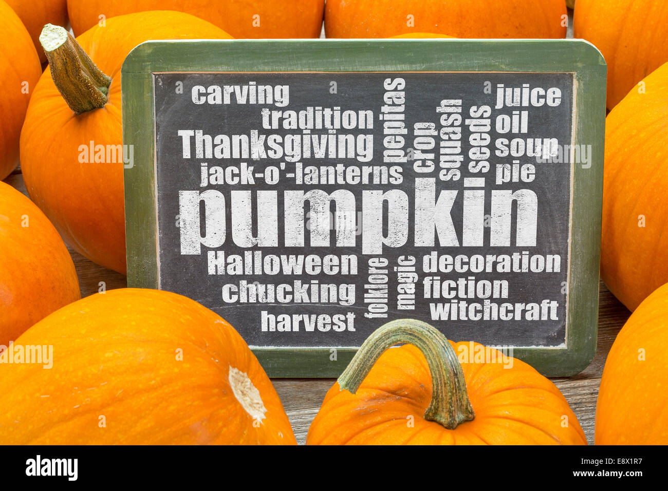 pumpkin word cloud on a slate blackboard surrounded by pumpkins Stock ...