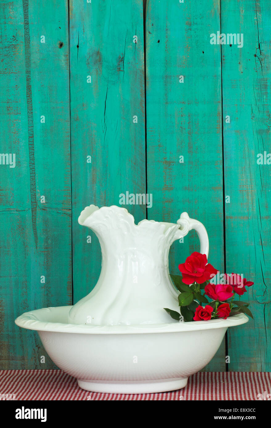 Antique water pitcher and basin with red flowers - roses - by rustic ...