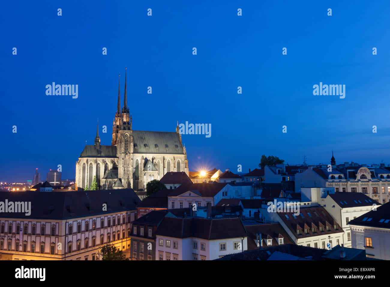 Brno overview with illuminated cathedral. Czech Republic Stock Photo ...