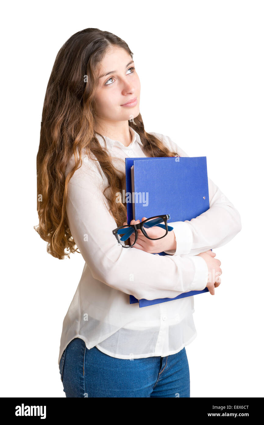 Young woman carrying notebooks in her arms, isolated in white Stock ...