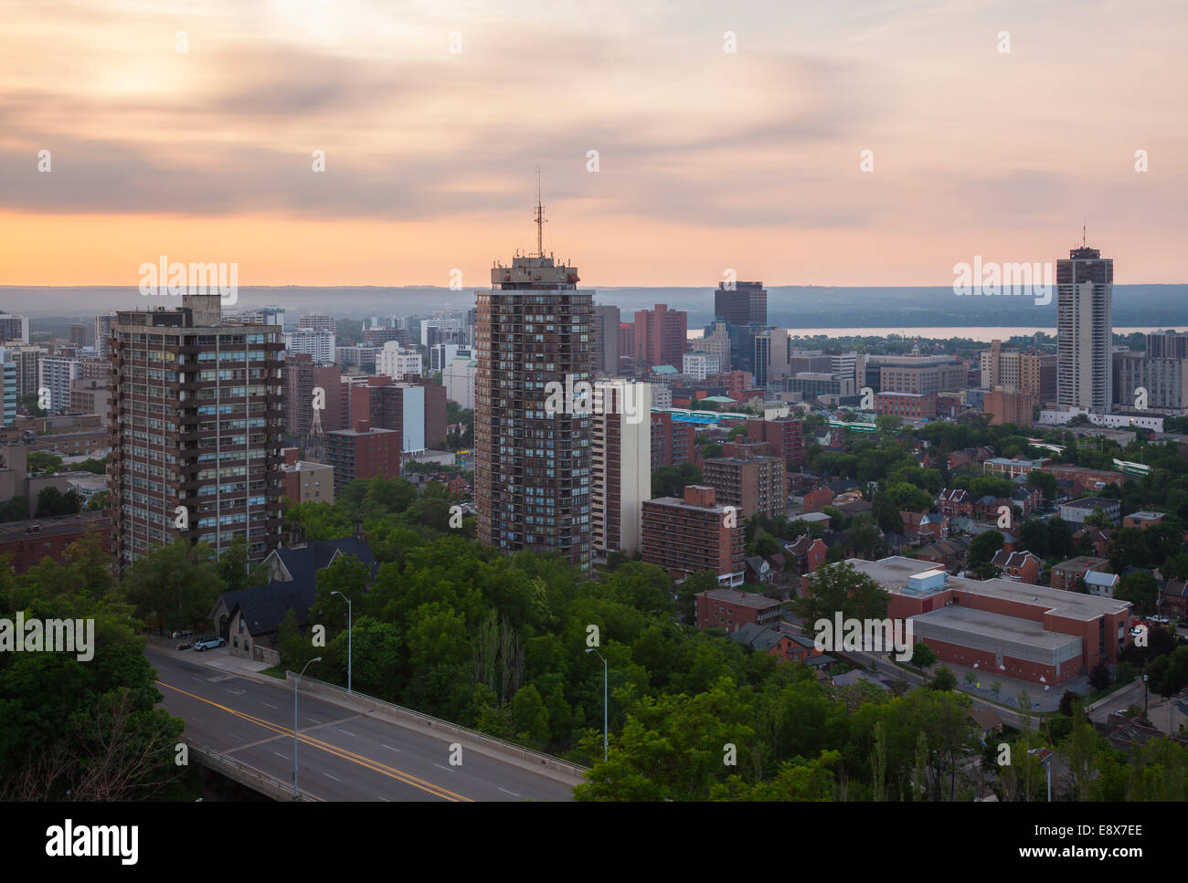 Downtown Hamilton looking northwest at sunset from the escarpment ...