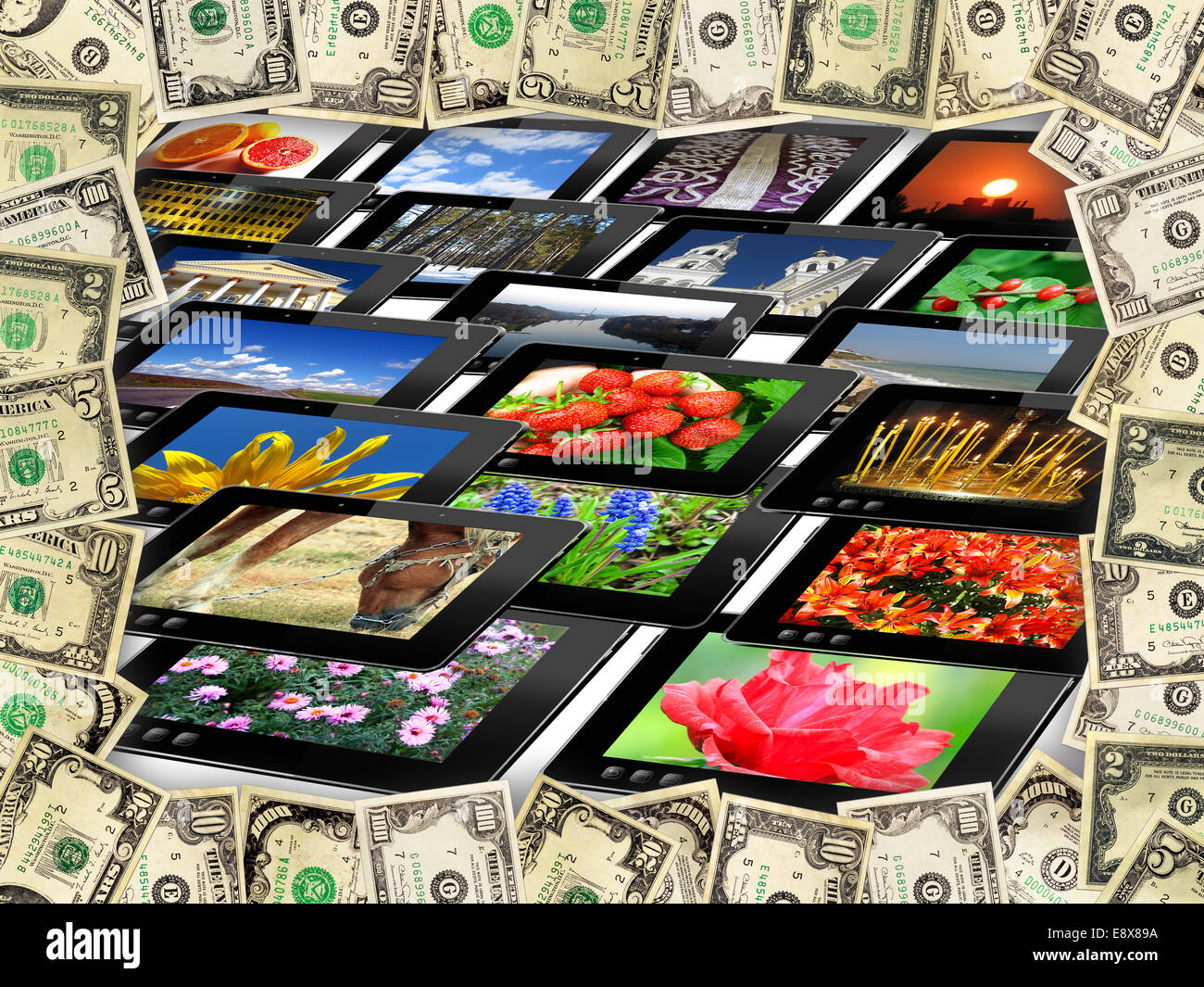 Frame from the dollars on the background of many tablets with different ...