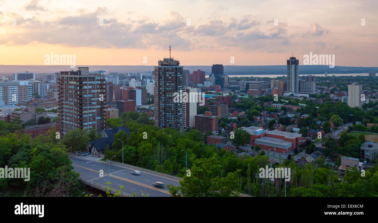 A panoramic image of downtown Hamilton looking northwest at sunset ...
