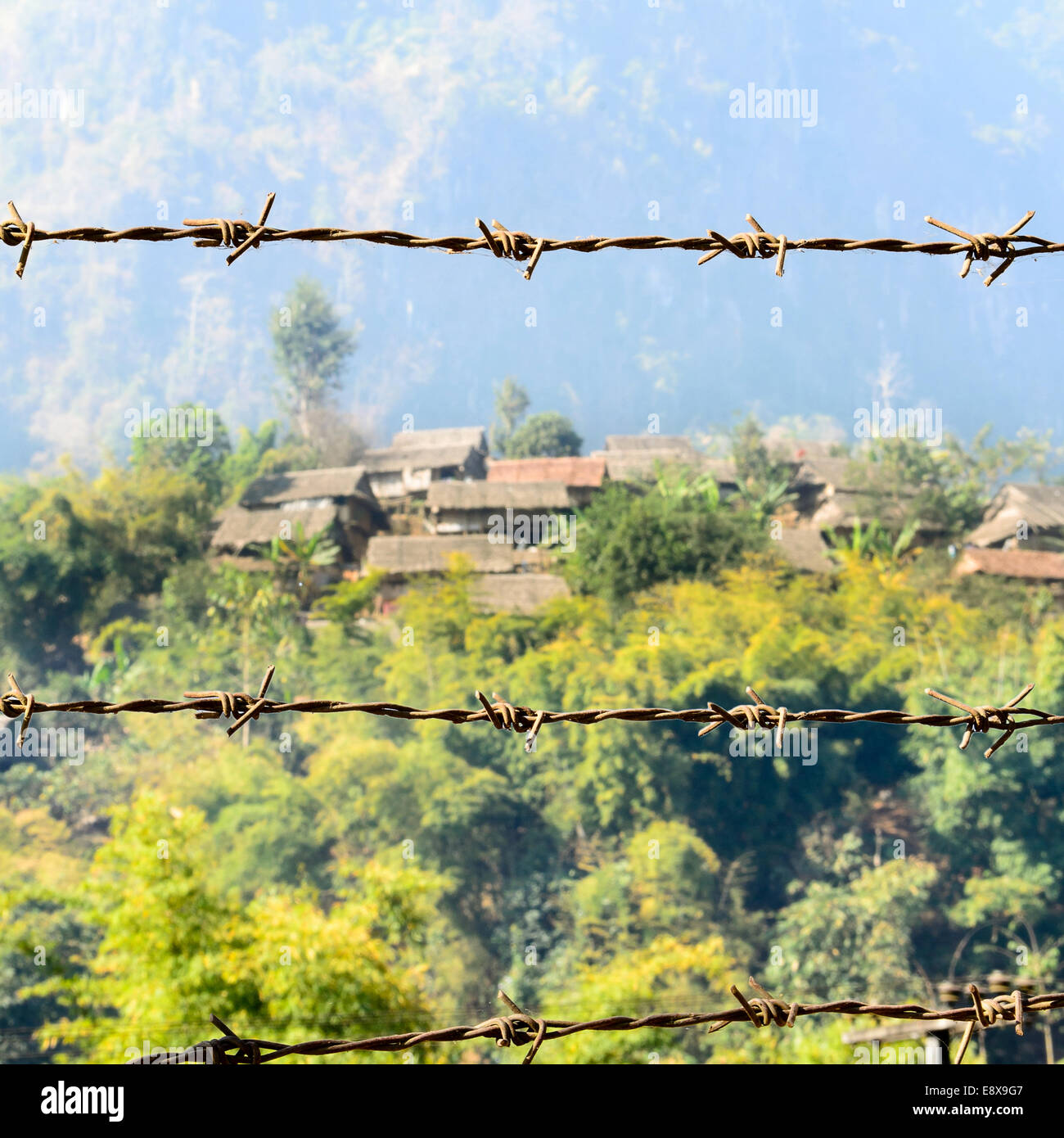 The Barbed Wire in front of Refugee House that made from Wood,Bamboo ...